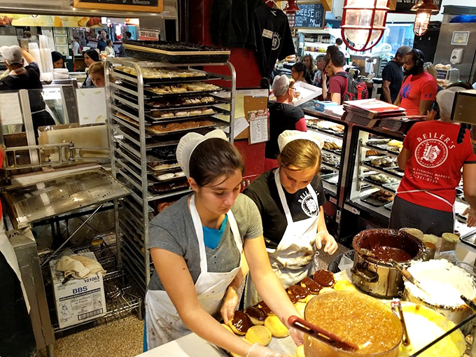 The bustling heart of Beiler's, where bakers work their magic in full view. Fresh batches of goodness emerge continuously throughout the day.