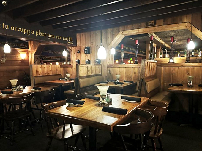 Wood paneling, warm lighting, and tables spaced for conversation&mdash;this dining room feels like a private club where the only membership requirement is steak appreciation.