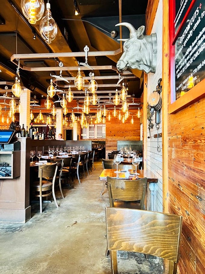 Butcher-shop chic at its finest. The cow sculpture watching over diners seems to say, "You're welcome for my delicious relatives."