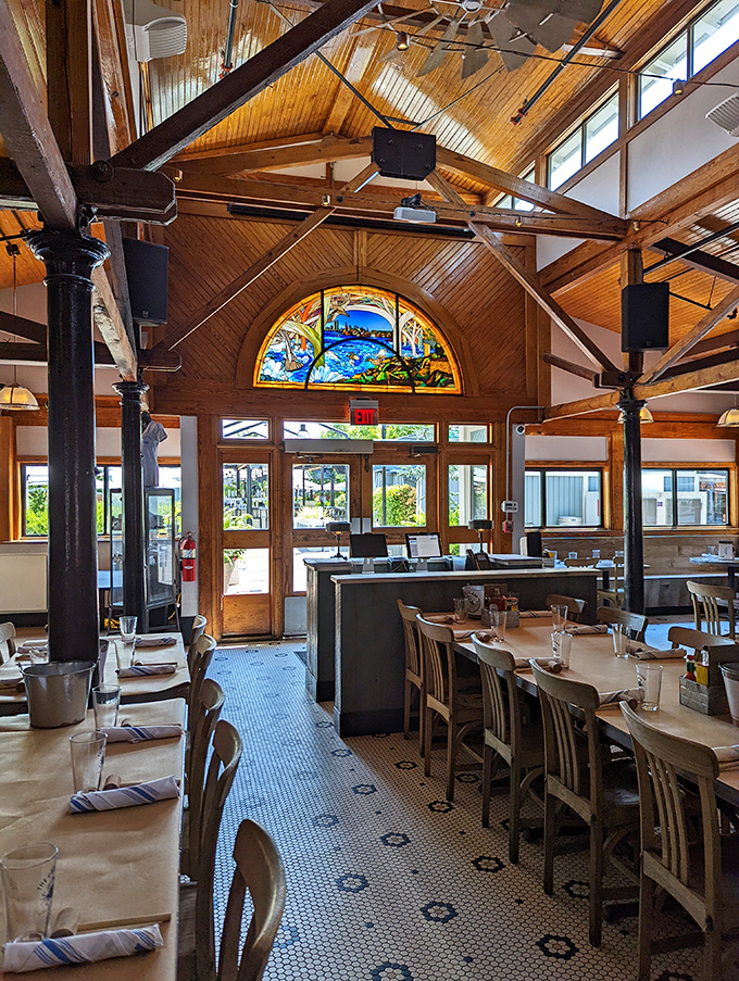 Cathedral-like ceilings, stained glass, and wooden beams create a dining sanctuary where seafood is worshipped with the reverence it deserves.
