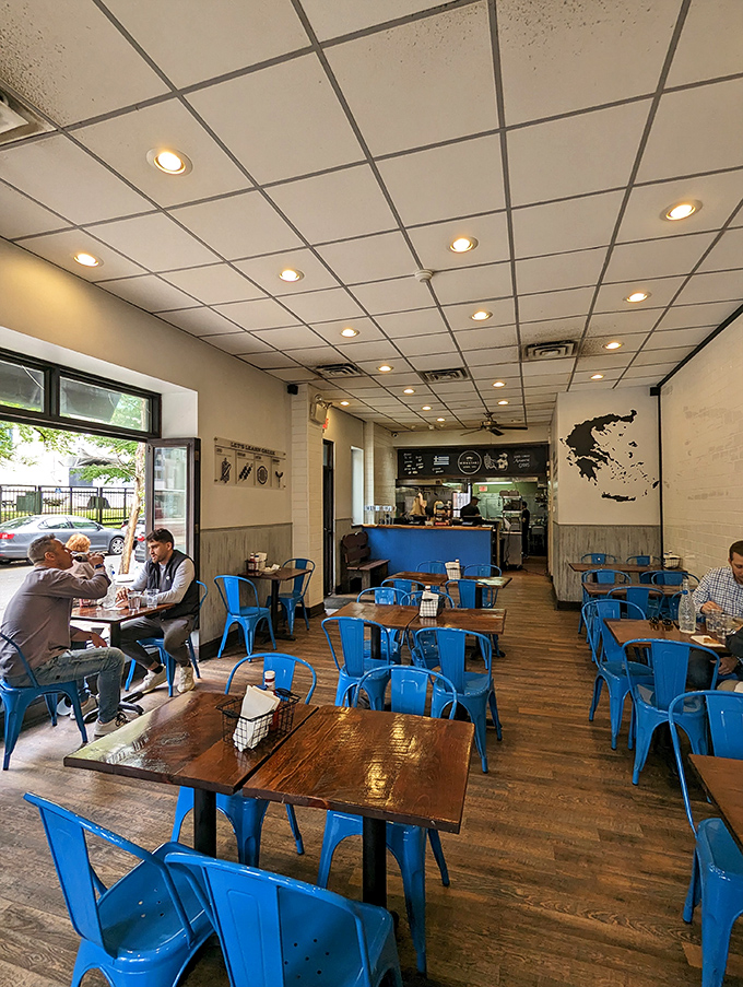 Bright and airy with that signature blue and white color scheme. Like someone transported a slice of Santorini to Philadelphia without the airfare.