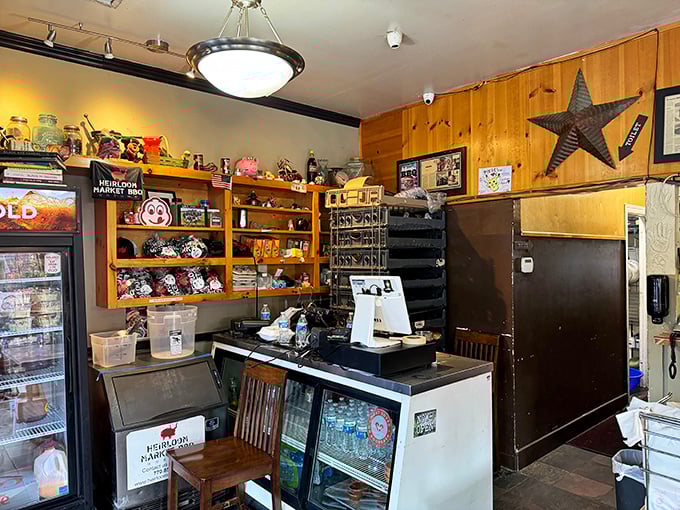 The shelves tell tales of culinary adventures past and future. Part country store, part BBQ command center, all character.