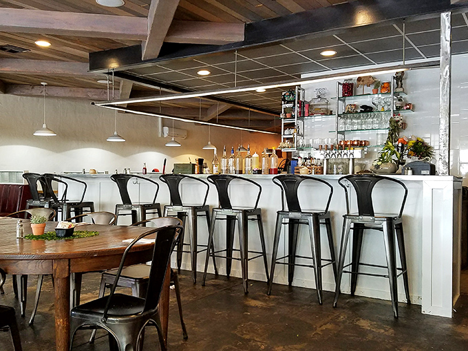 The bar area—where morning libations are crafted with the same care and attention as the food. Notice those wooden ceiling beams!