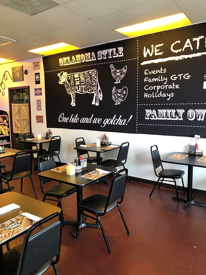 The chalkboard wall art tells you everything about their priorities: Oklahoma style, family-owned, and that confident "One bite and we gotcha!" guarantee.