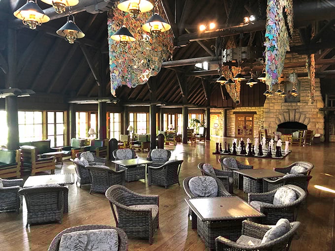 The lodge's great room says "rustic luxury" without a hint of pretension. Those wicker chairs have supported the backsides of countless weary hikers contemplating a second dessert.