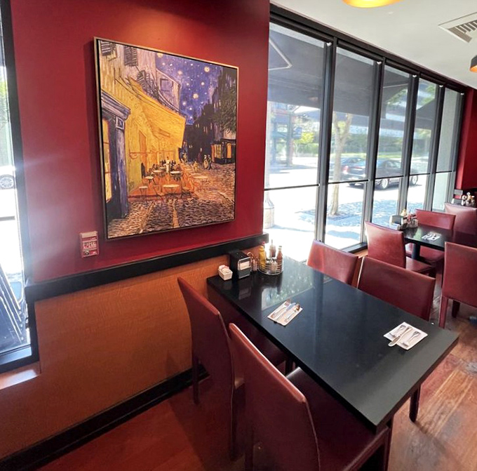 Van Gogh's "Caf&eacute; Terrace at Night" watches over diners, as if approving of this equally artistic approach to breakfast.