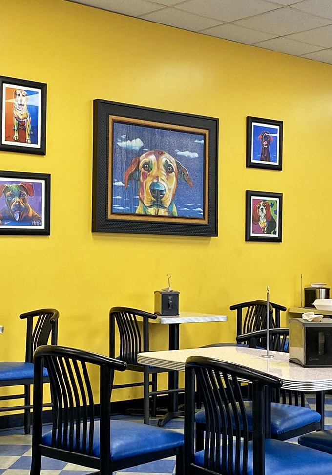 The colorful dog portraits watching over diners seem to say, "We know you're going to drop something, and we're fine with that."
