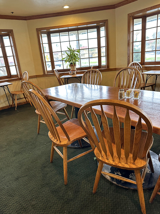 Sunlight streams through windows onto Windsor chairs and wooden tables, creating that "Grandma's dining room but bigger" vibe that makes everyone feel at home.
