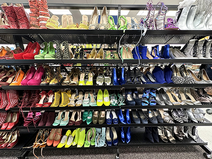 Shoe shelves showcase every color imaginable, from sensible flats to statement heels seeking new dance floors.