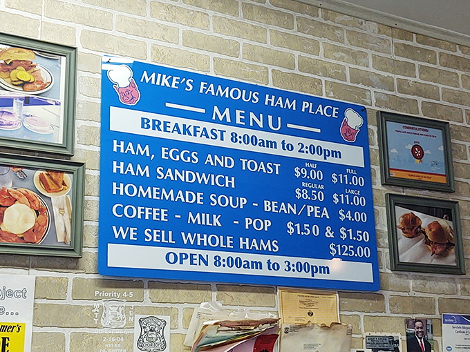 The wall-mounted menu board tells you everything you need to know: ham, eggs, soup, coffee. No avocado toast in sight, and that's precisely the point.