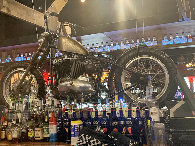 That's not just decoration &ndash; that's a motorcycle suspended above bottles of liquid courage, proving everything's bigger in Wisconsin's country bars.