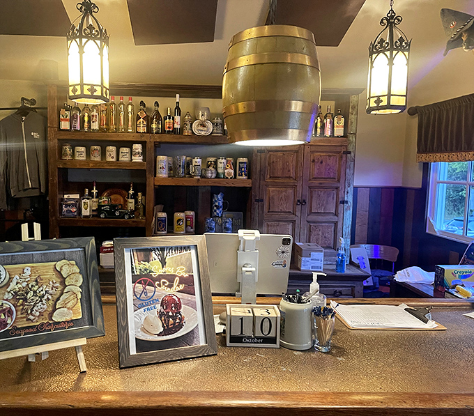 The bar area feels like it was transported straight from the Black Forest, barrel ceiling and all. Gemütlichkeit in architectural form.