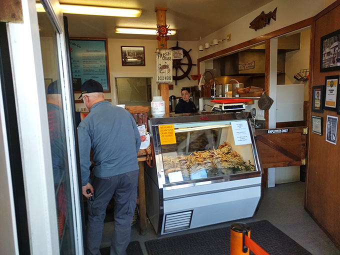 Where the magic happens &ndash; a glimpse inside reveals the seafood display case where Dungeness dreams come true for hungry visitors.