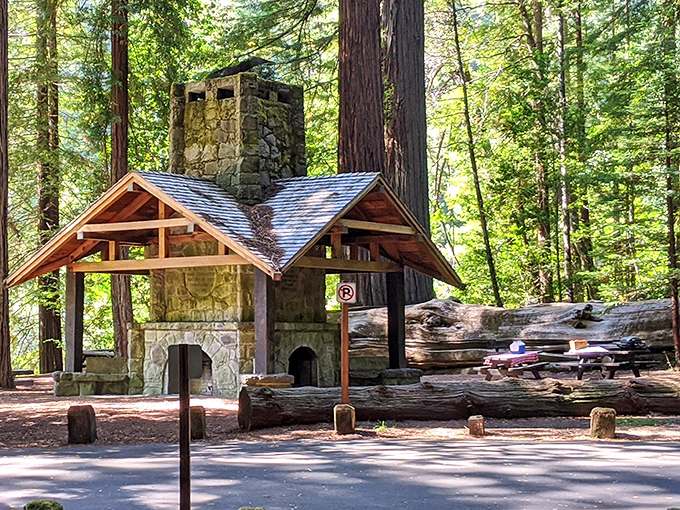 This rustic stone fireplace has witnessed countless family picnics. S'mores taste better when made in the shadow of thousand-year-old trees.