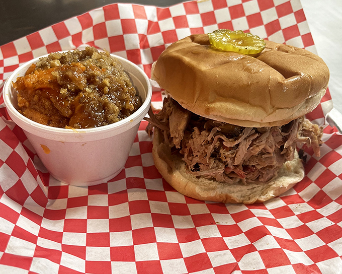 Pulled pork piled high enough to require structural engineering and a game plan for eating.