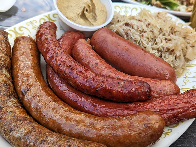 The sausage platter arrives looking like a meat rainbow, each variety telling its own delicious story.