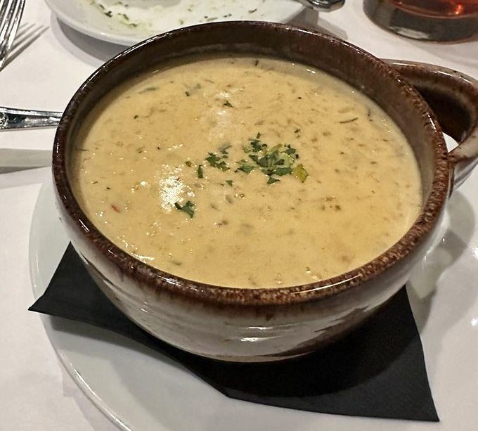 Seafood bisque rich enough to make Neptune himself jealous of landlocked Ohio diners.