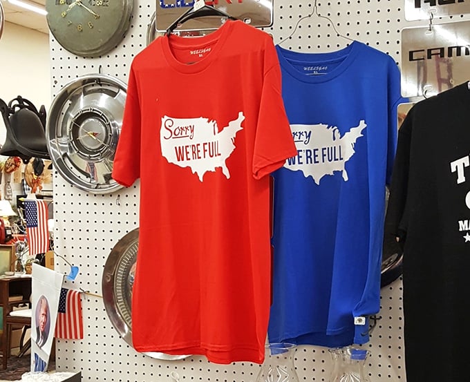 These "Sorry We're Full" t-shirts offer a dash of political humor alongside vintage hubcaps&mdash;flea markets are nothing if not eclectic.