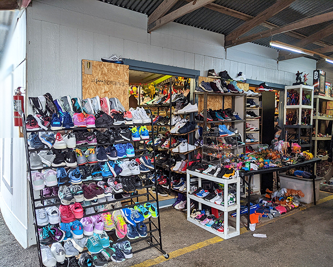 A rainbow of footwear possibilities stretches across metal racks&mdash;proof that Cinderella could have had far more options if she'd shopped here first.