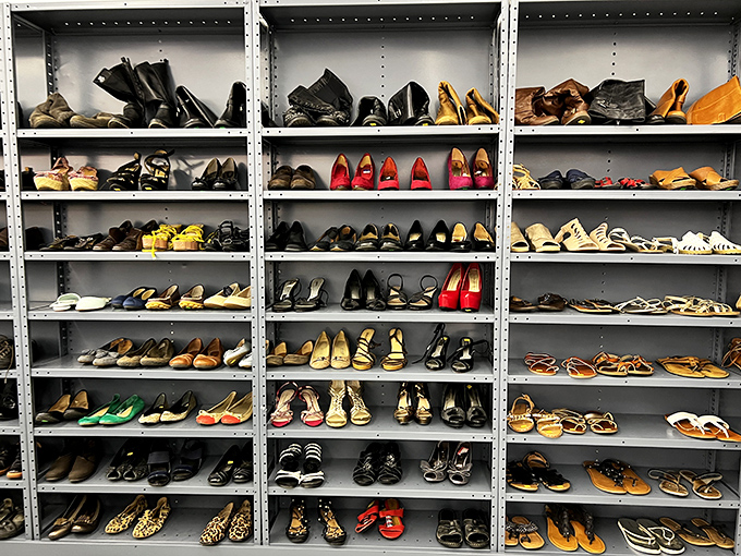 The shoe section: where Cinderella meets practical Oregonian. Someone else's barely-worn hiking boots await your next adventure.