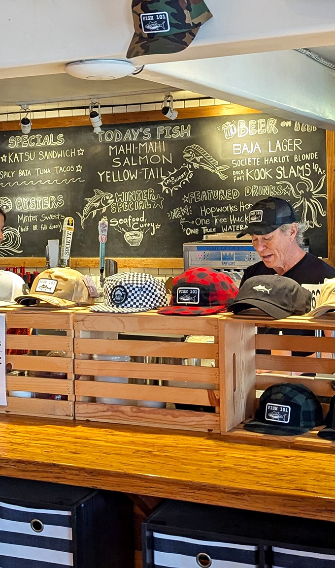 The chalkboard tells the daily story&mdash;what's swimming today, what's brewing, and why you should probably order one of everything.