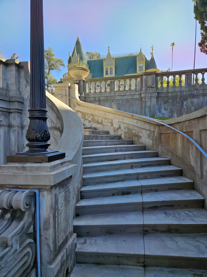 These elegant stairs weren't just built for walking—they were designed for grand entrances and dramatic exits worthy of Hollywood's golden age.