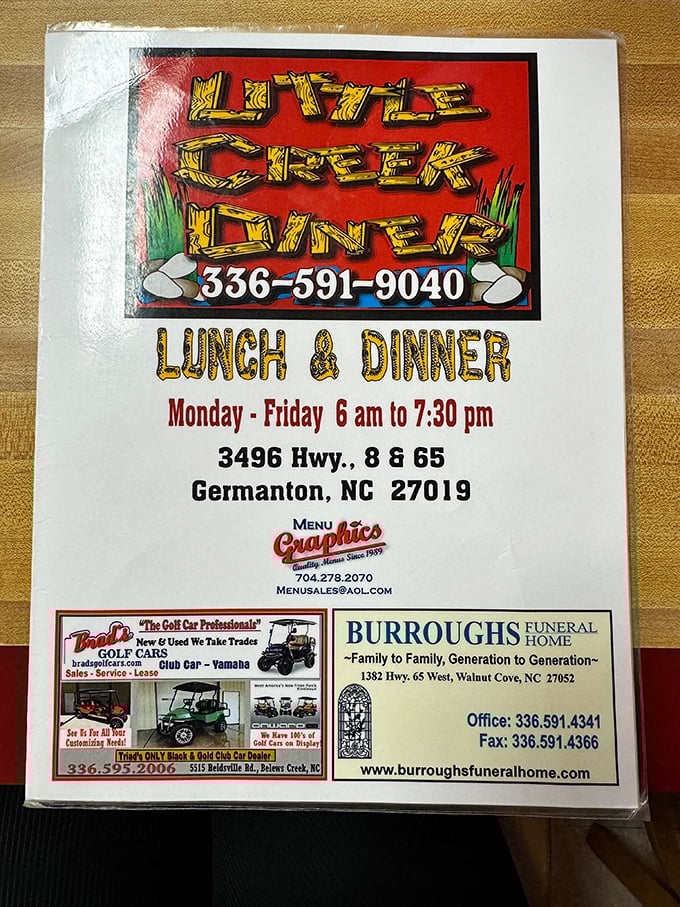 The menu cover tells you everything you need to know&mdash;they're open early, close when folks are done eating, and they're right where they've always been.