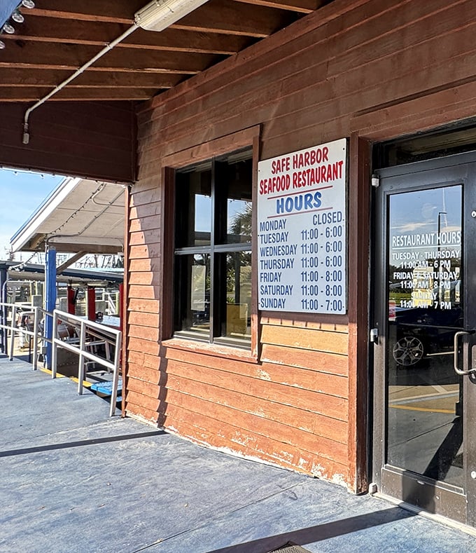 The hours posted like a friendly invitation &ndash; closed Mondays because even seafood needs a day off.