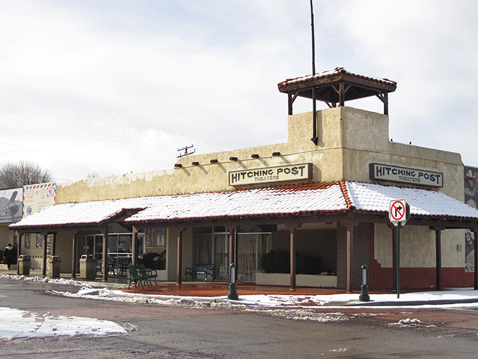 The Hitching Post stands ready for hungry travelers, its snow-dusted roof adding a touch of winter magic to this desert mountain town.