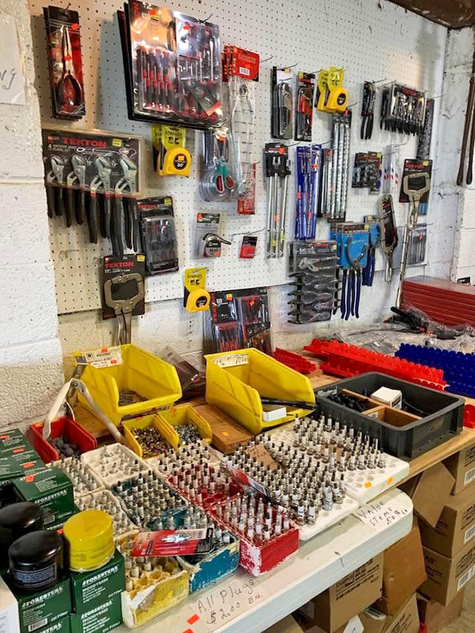 A hardware store exploded onto this table! From drill bits to screwdrivers, this organized chaos is a DIYer's dream and a toolbox's fantasy.