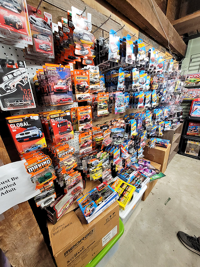 Miniature automotive dreams line these shelves. For collectors, each tiny Matchbox and Hot Wheels car represents a full-size memory.