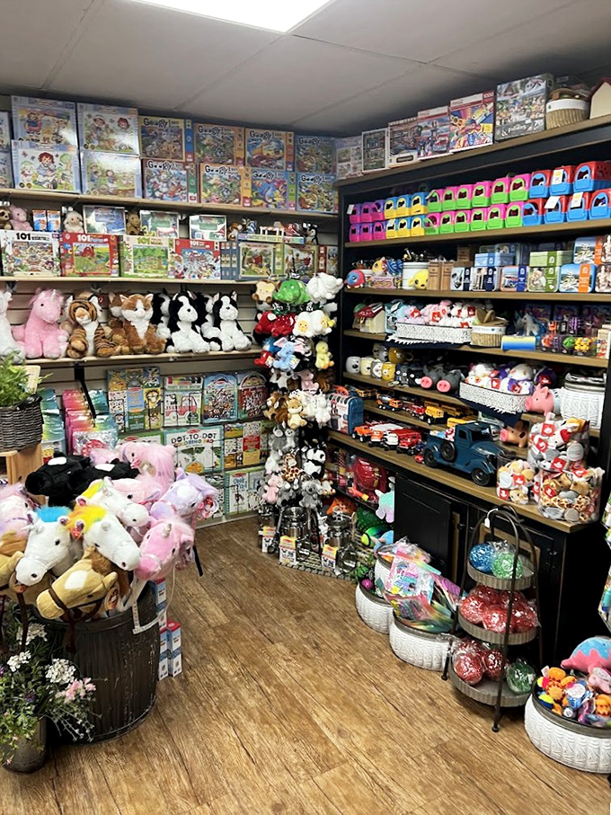 Beyond the bakery lies a toy wonderland that would make even Santa's elves jealous. Stuffed animals and games await while parents load up on carbs.