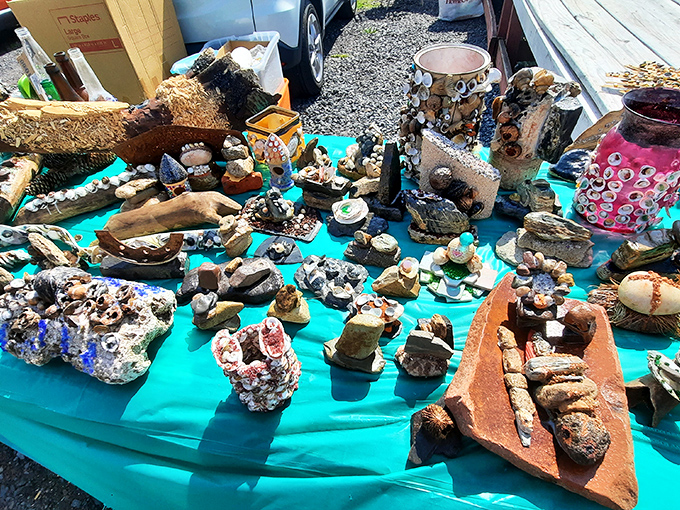 Nature's artwork displayed on turquoise cloth. Each stone and crystal formation tells a geological story millions of years in the making.