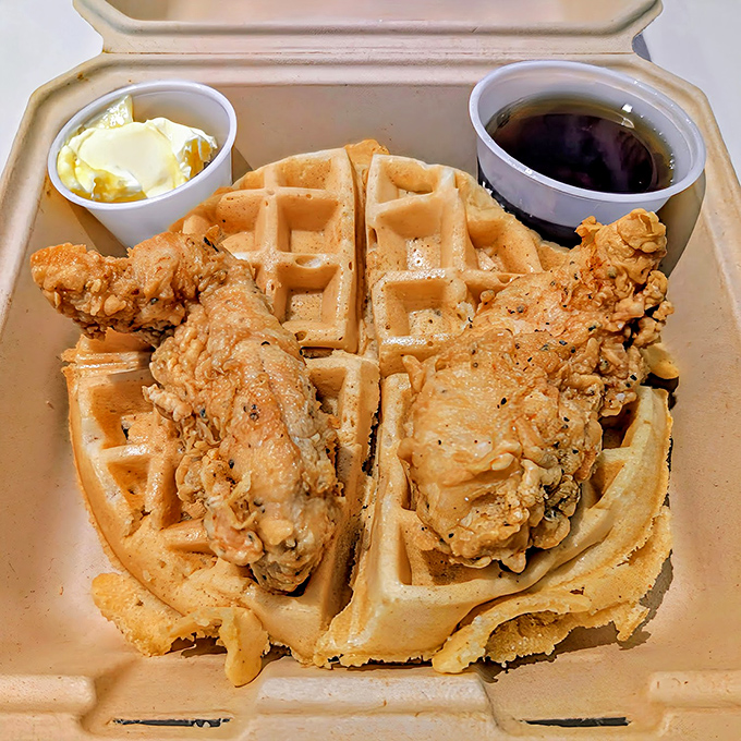 The chicken and waffle combo that settles the breakfast-or-lunch debate with a definitive "why not both?" Maple syrup, butter, and fried chicken &ndash; a holy trinity.