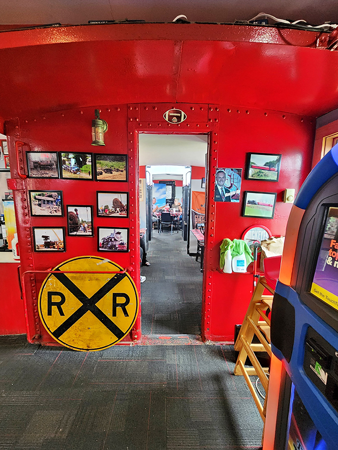 Follow the red-painted path to flavor town! Railroad memorabilia lines the walls, creating an immersive dining experience unlike any other in Ohio.