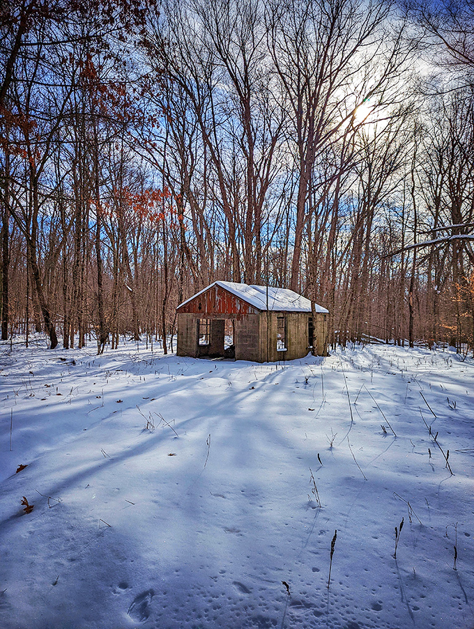 Winter transforms this historic shelter into a snow-globe scene straight from a Pennsylvania Christmas card.