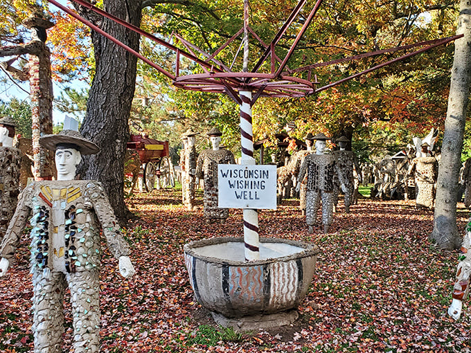 The "Wisconsin Wishing Well" invites visitors to toss in coins and wish for... perhaps more concrete sculptures in their own backyards?