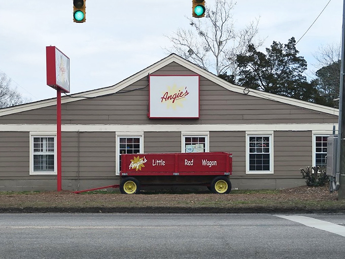 Angie's cheerful sunflower sign brightens any morning &ndash; that little red wagon out front hints at homestyle goodness inside.
