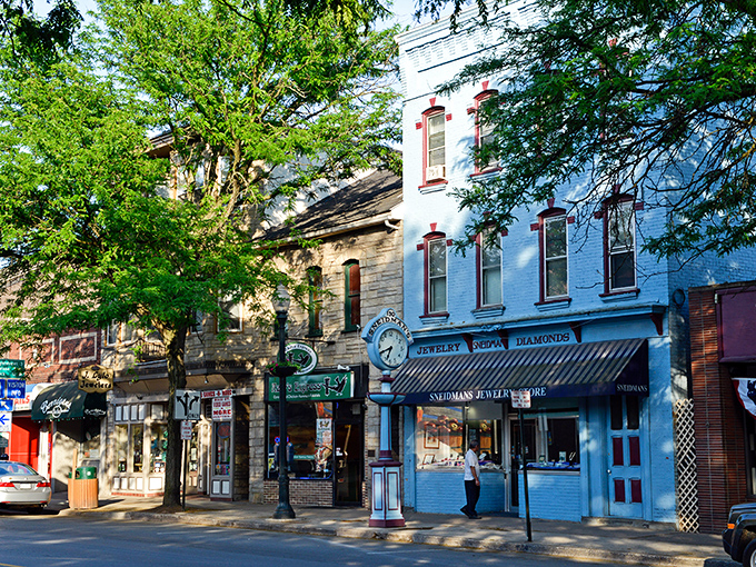 Bloomsburg's tree-lined main street offers shade for shoppers exploring local stores housed in buildings with stories to tell.