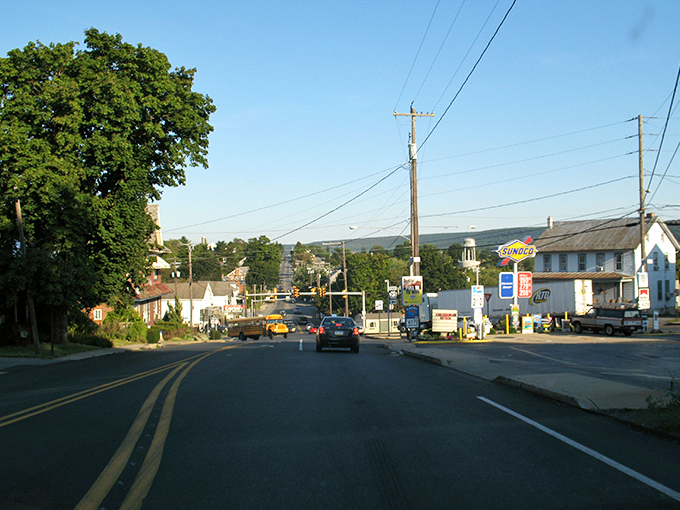 Blue Ball's main street captures small-town America at its most authentic, where gas stations and family businesses serve locals and visitors alike.