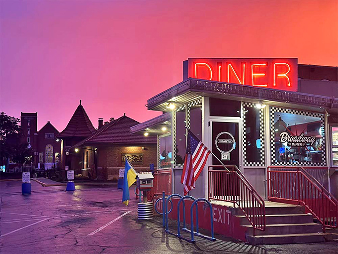 Broadway Diner glows like a jewel at twilight, its neon promising late-night comfort to Columbia's hungry souls.