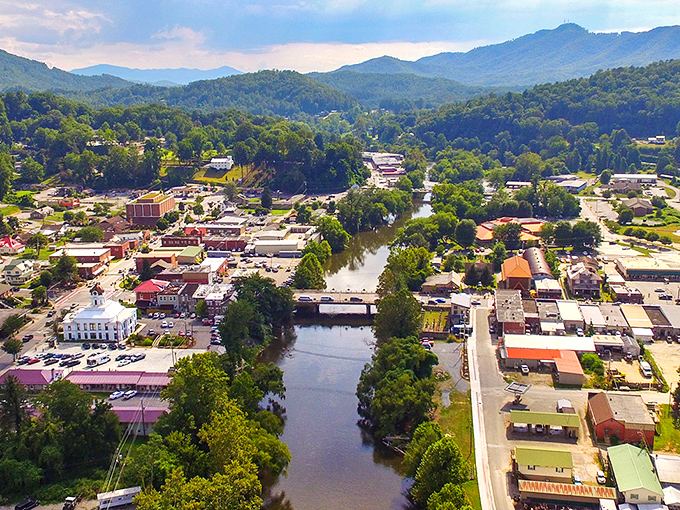 Bryson City seen from above reveals its perfect placement&mdash;a mountain town that found the sweetest spot in the valley.