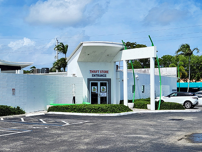 Charity Thrift's futuristic entrance arch welcomes bargain hunters to their clean, bright shopping paradise.