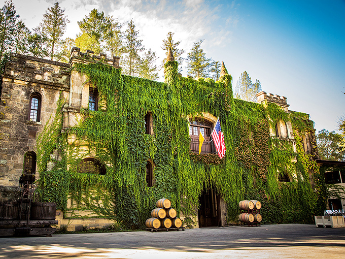 Chateau Montelena: Ivy-covered stone walls reflect in a serene pond&mdash;a French chateau that produces world-class wines in the heart of Napa Valley.
