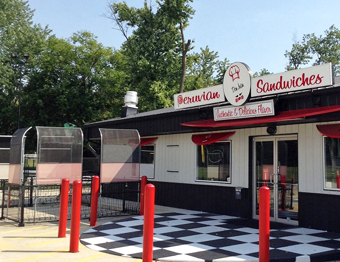 Don Juan V's checkerboard entrance sets the stage for a Peruvian sandwich experience that plays by its own delicious rules.