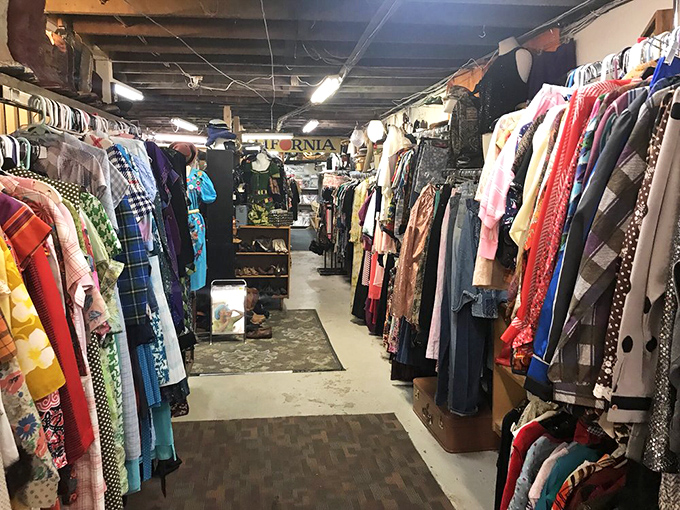 Racks upon racks of vintage clothing create a colorful time tunnel at Flower Child. Fashion history you can actually wear!