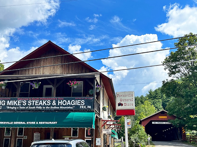 Big Mike's sits beside Forksville's historic covered bridge. Steaks, hoagies, and a side of Pennsylvania history!