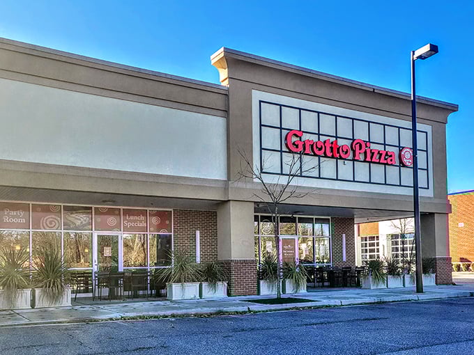 Grotto Pizza's clean lines and modern facade offer a hint of the well-crafted pies waiting inside. 