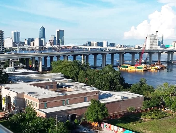 Jacksonville's skyline and blue bridge create a metropolitan ballet above the St. Johns River.
