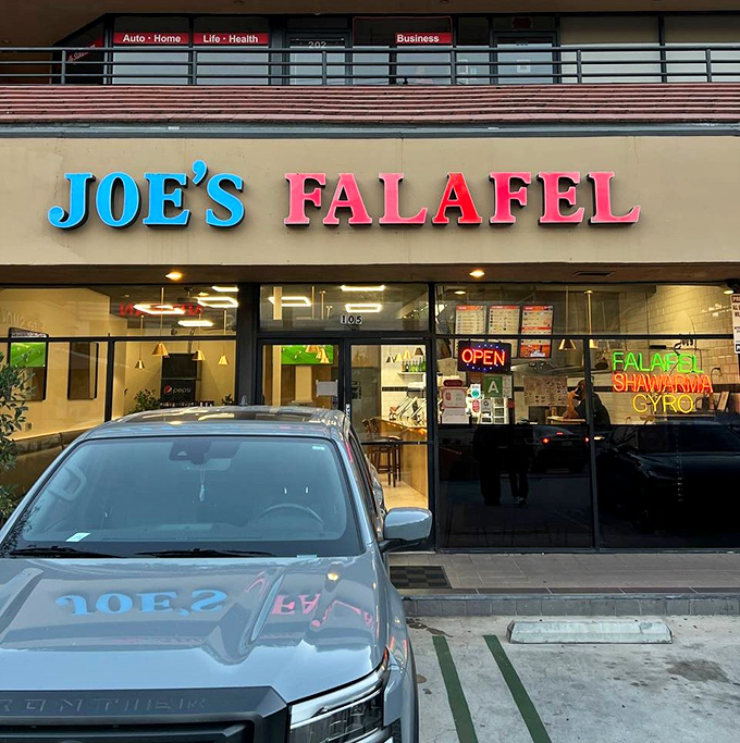 Joe's Falafel's bright sign is your beacon to chickpea heaven. Middle Eastern food that transports you across continents.